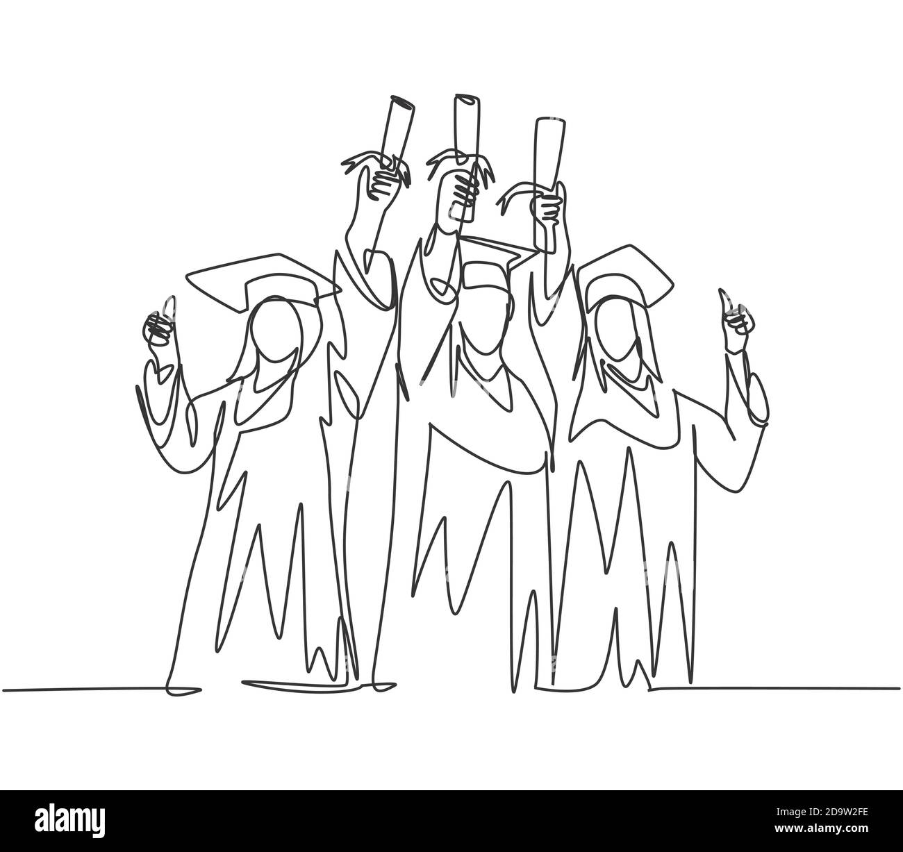 One line drawing group of young happy graduate male and female college ...