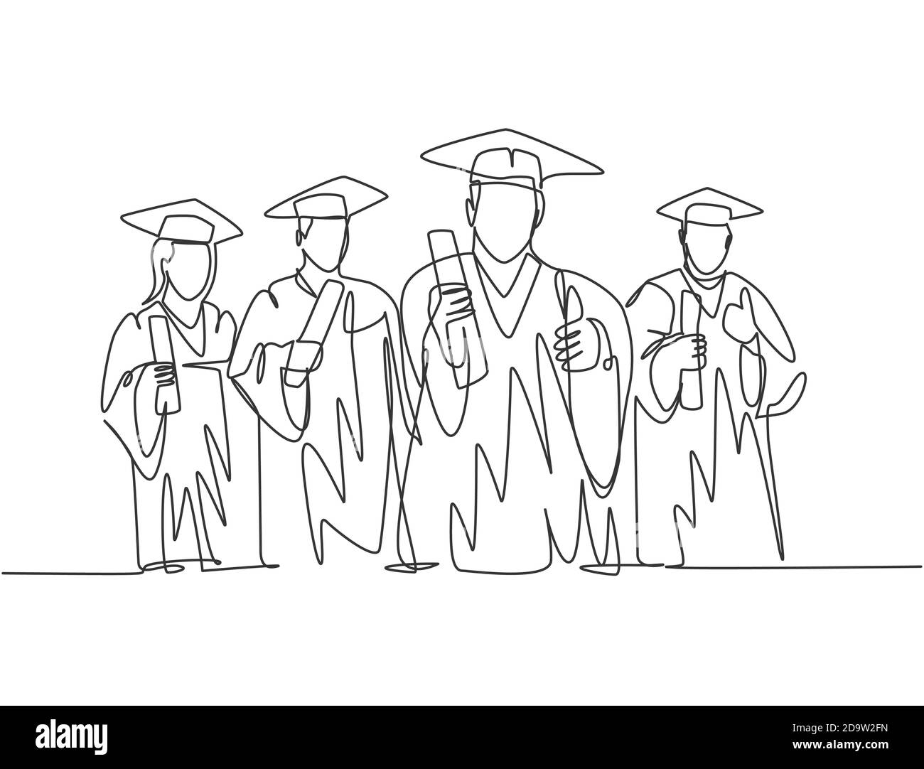 One line drawing group of young happy graduate male and female college ...
