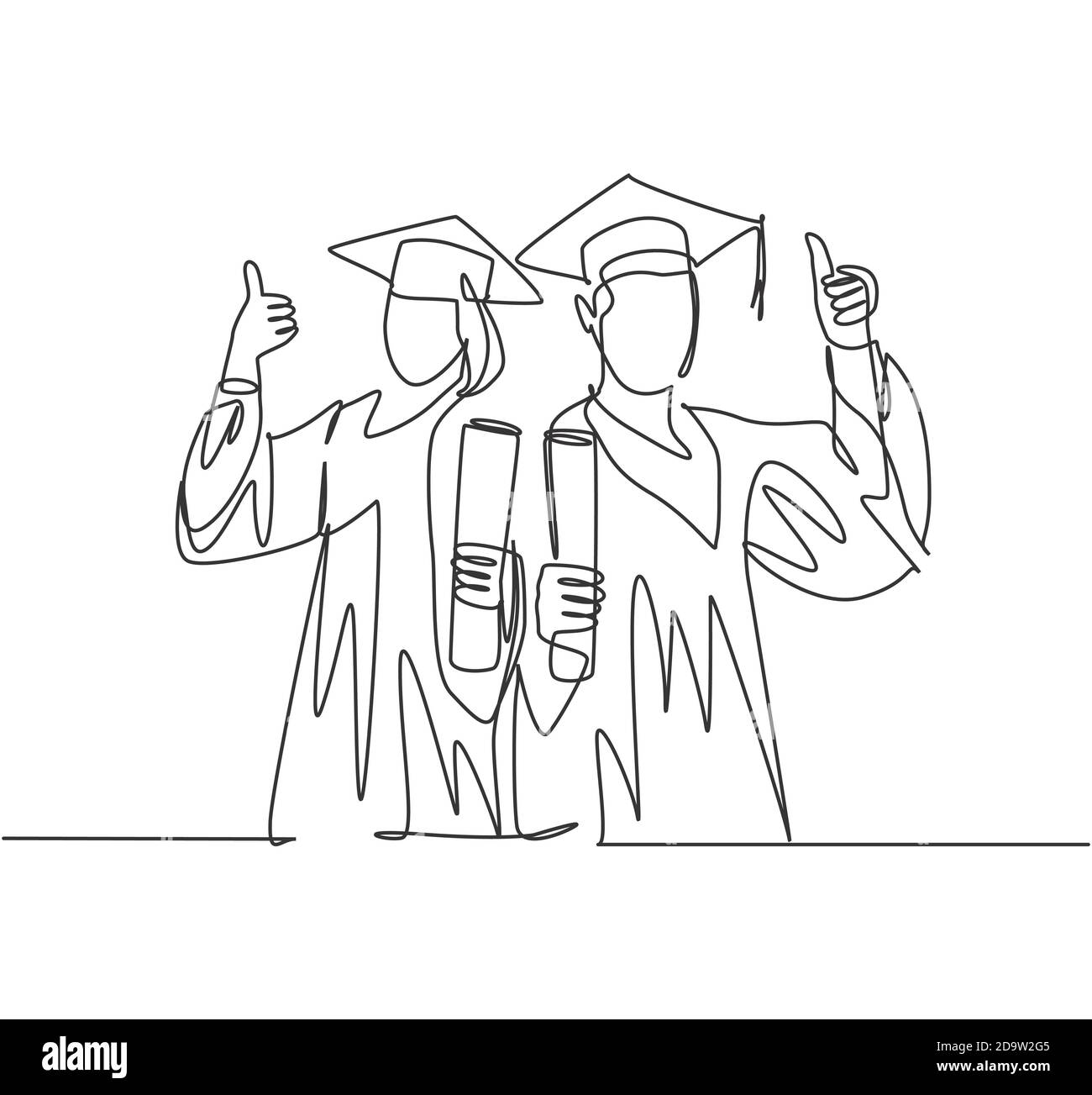 One line drawing of young happy couple male and female student wearing ...