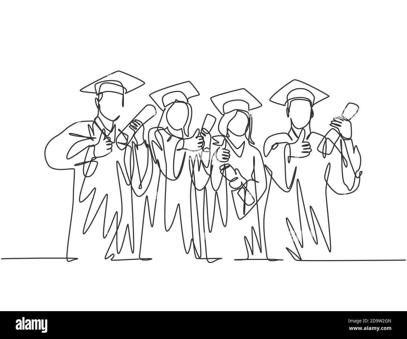 One line drawing group of graduate male and female college student ...