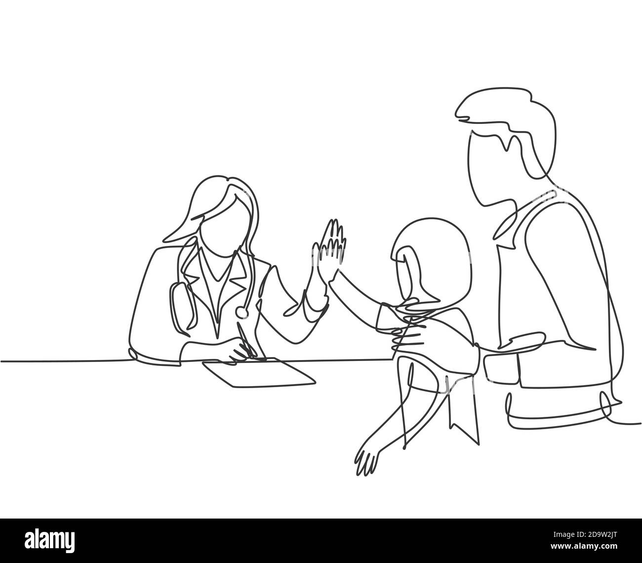 Single line drawing of young happy female doctor checking up sick ...
