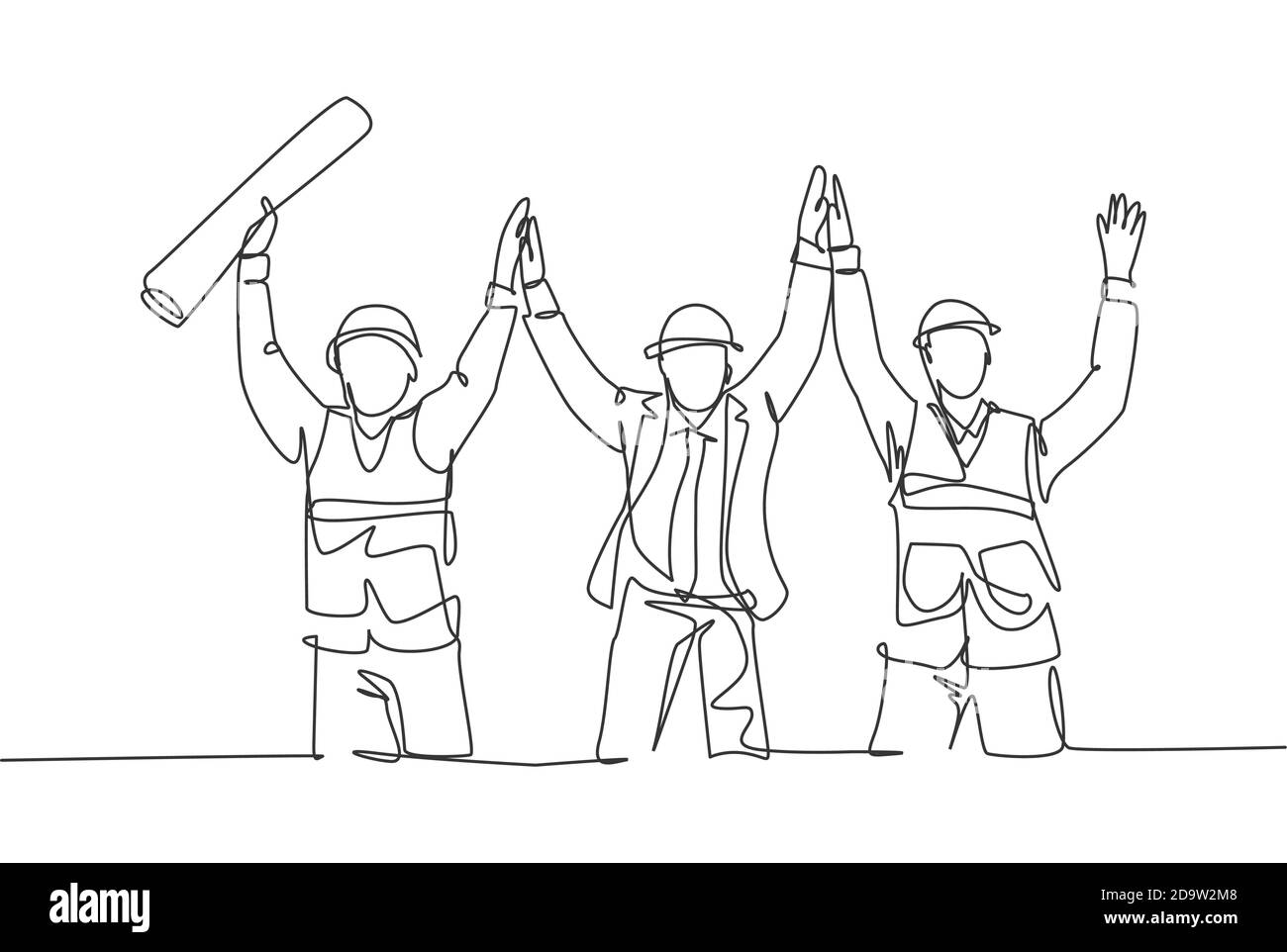 Single line drawing of construction worker and foreman celebrate their ...