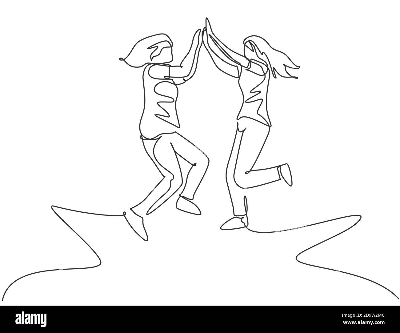 Single line drawing of two young happy women jumping and giving high five gesture to celebrate ...
