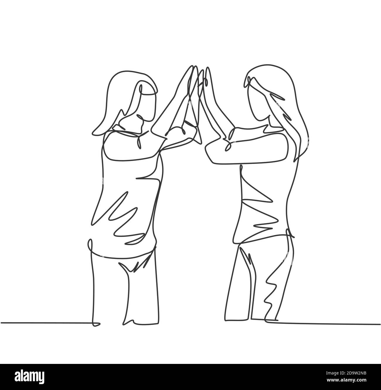 Single line drawing of two best friends girls reunite and giving high ...