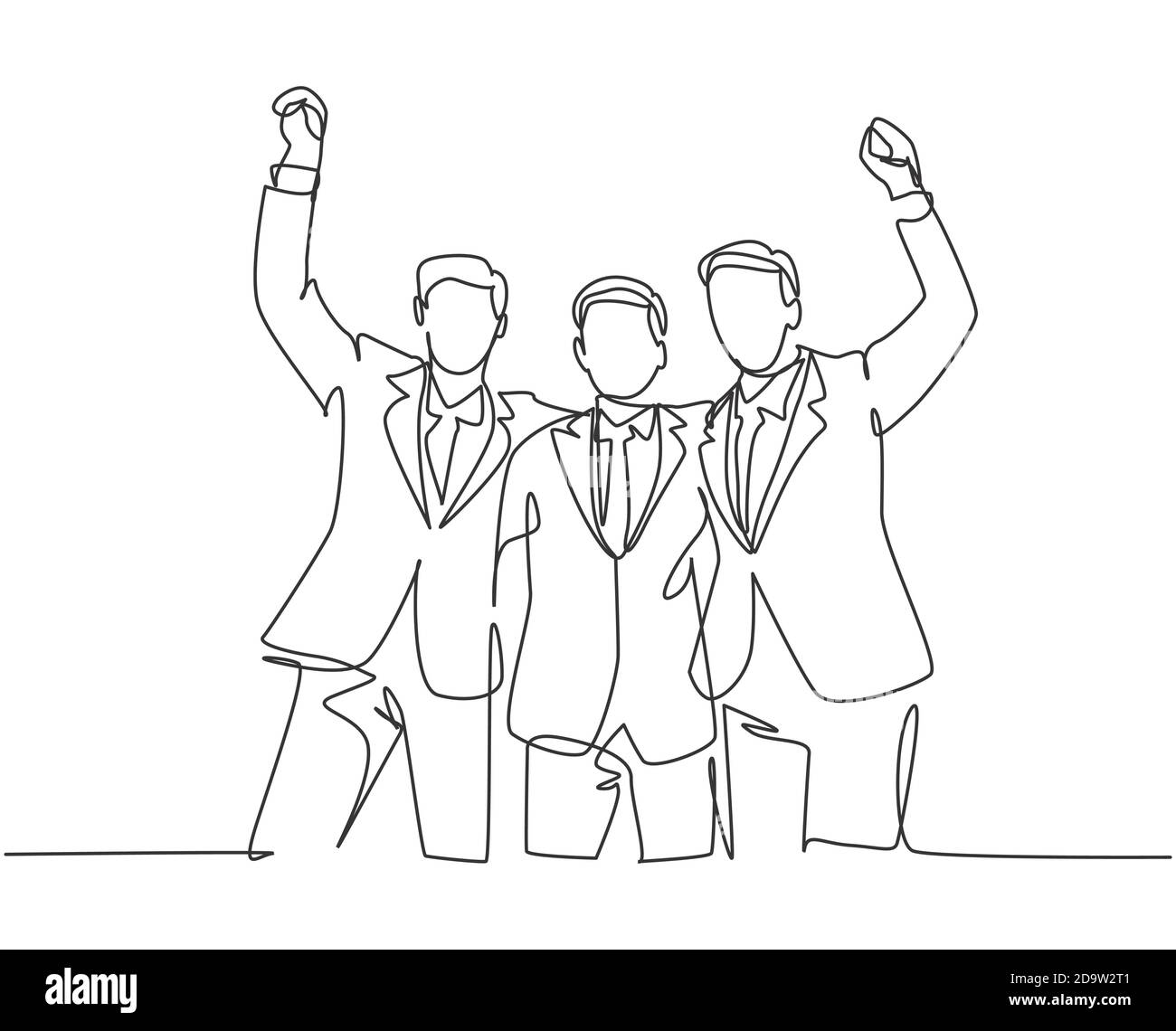 One line drawing of three young happy businessmen celebrating their ...