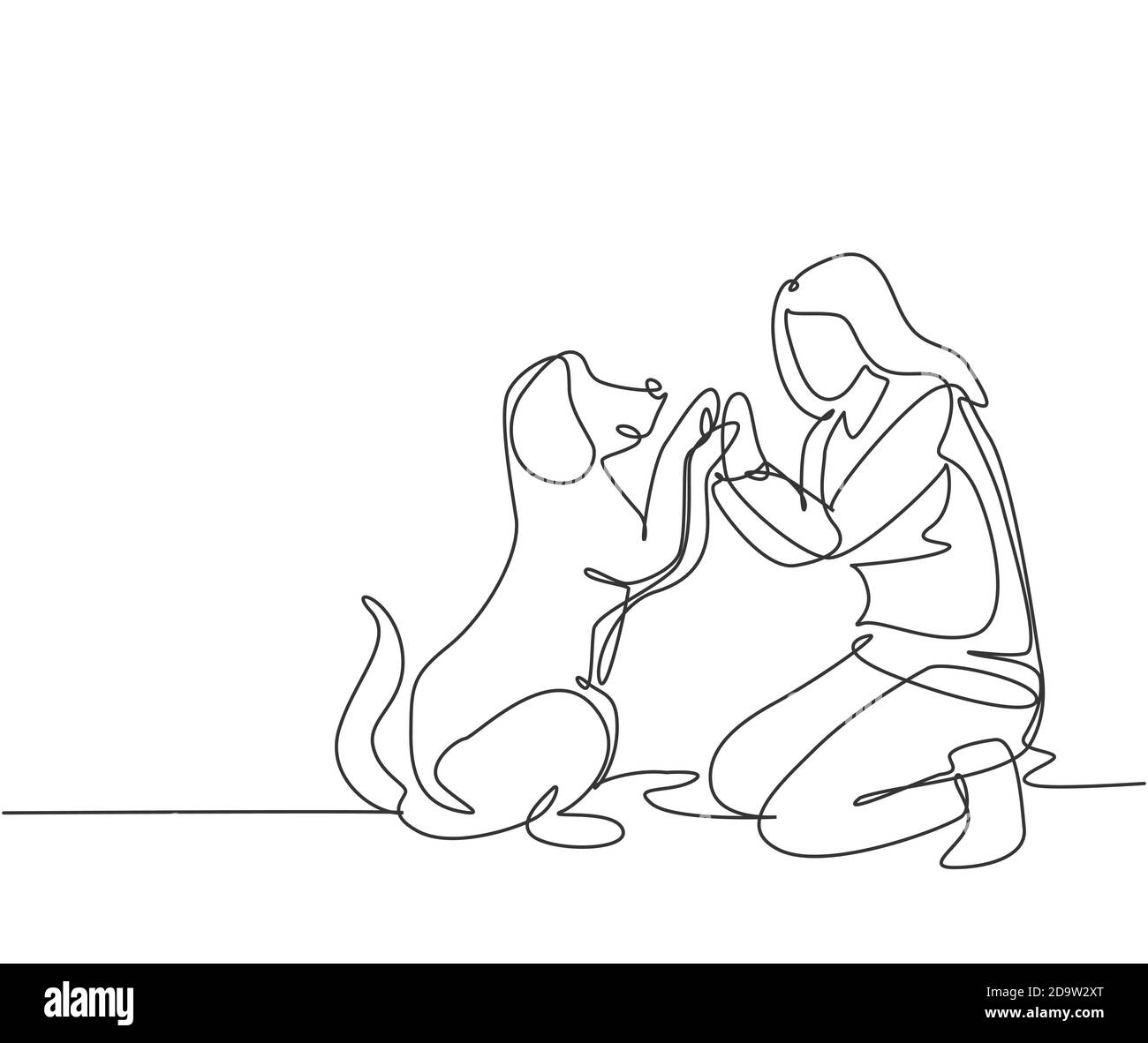 One line drawing of young happy woman squat then giving high five ...