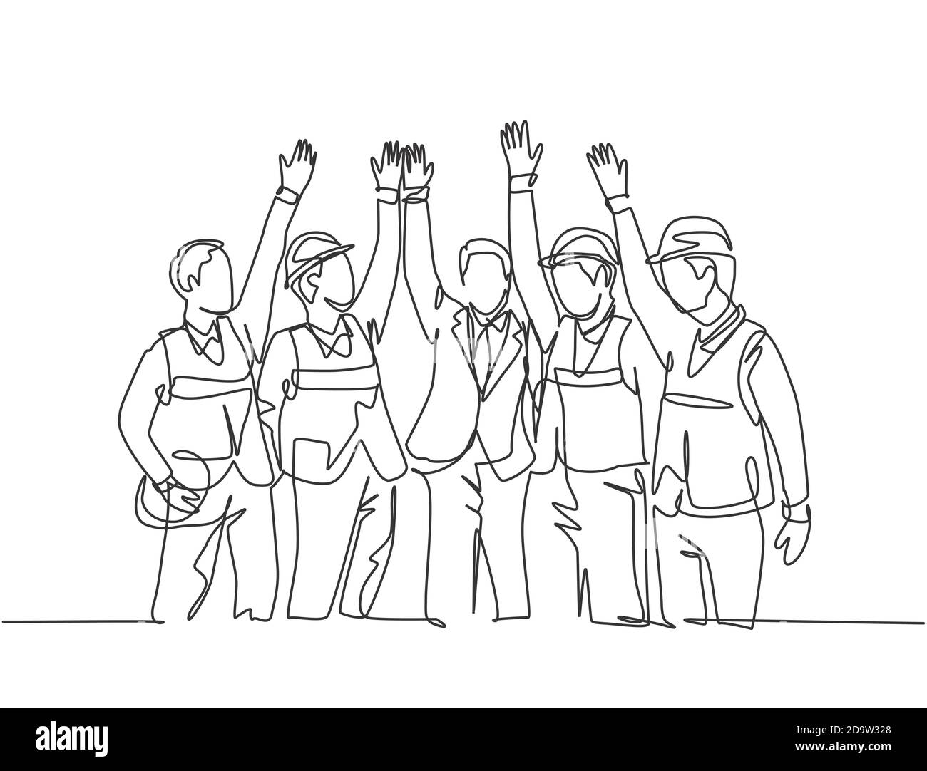 Single line drawing of construction workers and foreman with vest and ...