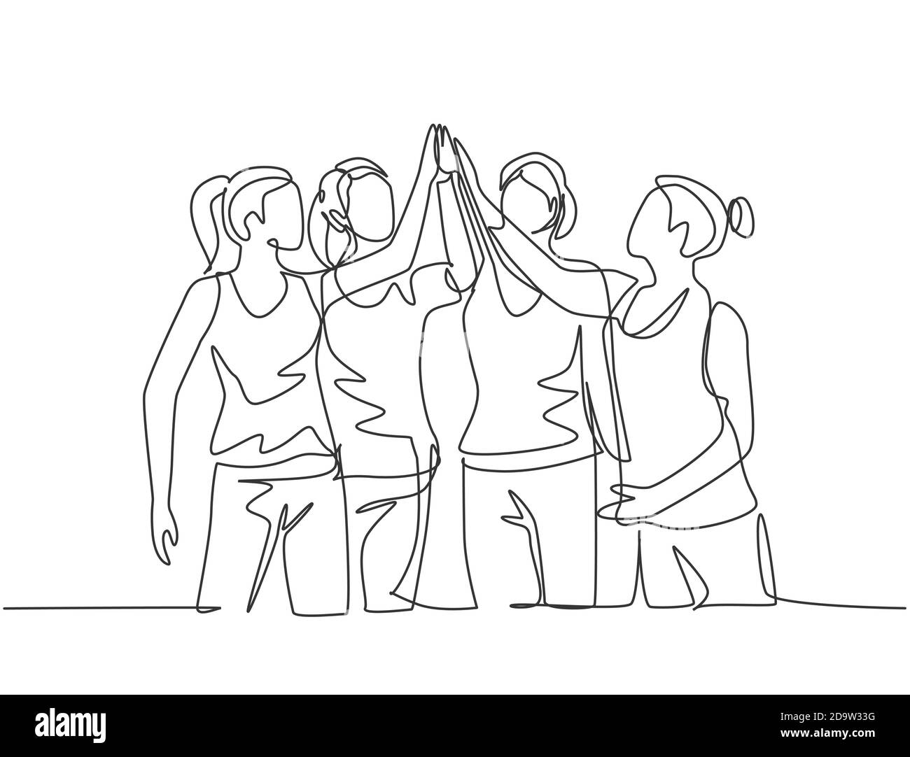One line drawing of group of young happy women giving high five ...