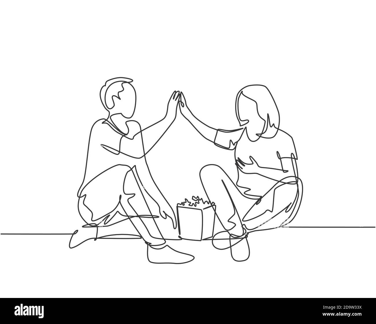 One line drawing of young happy couple male and female relaxing and ...