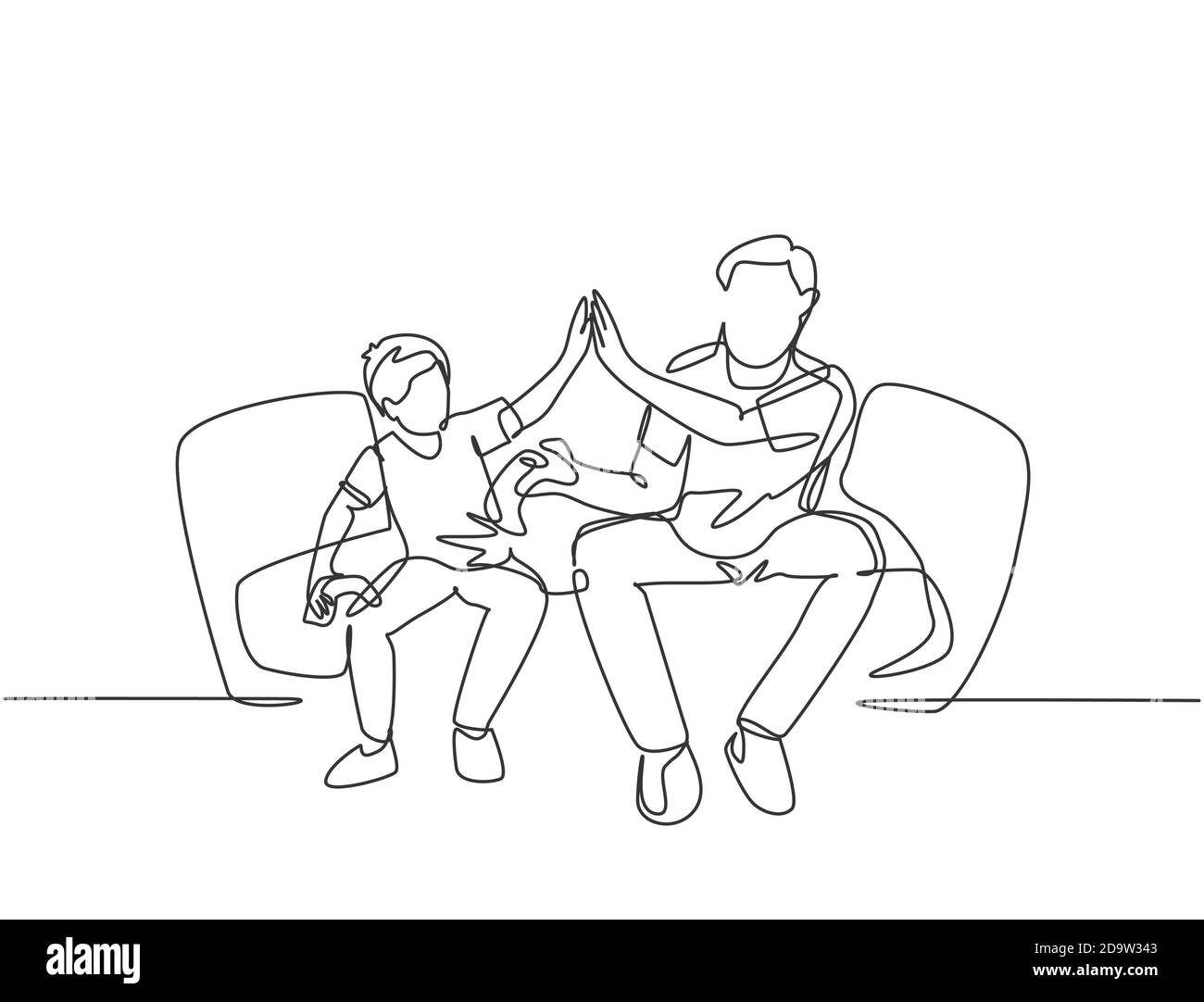 One single line drawing of fans siting on sofa watching their favorite ...