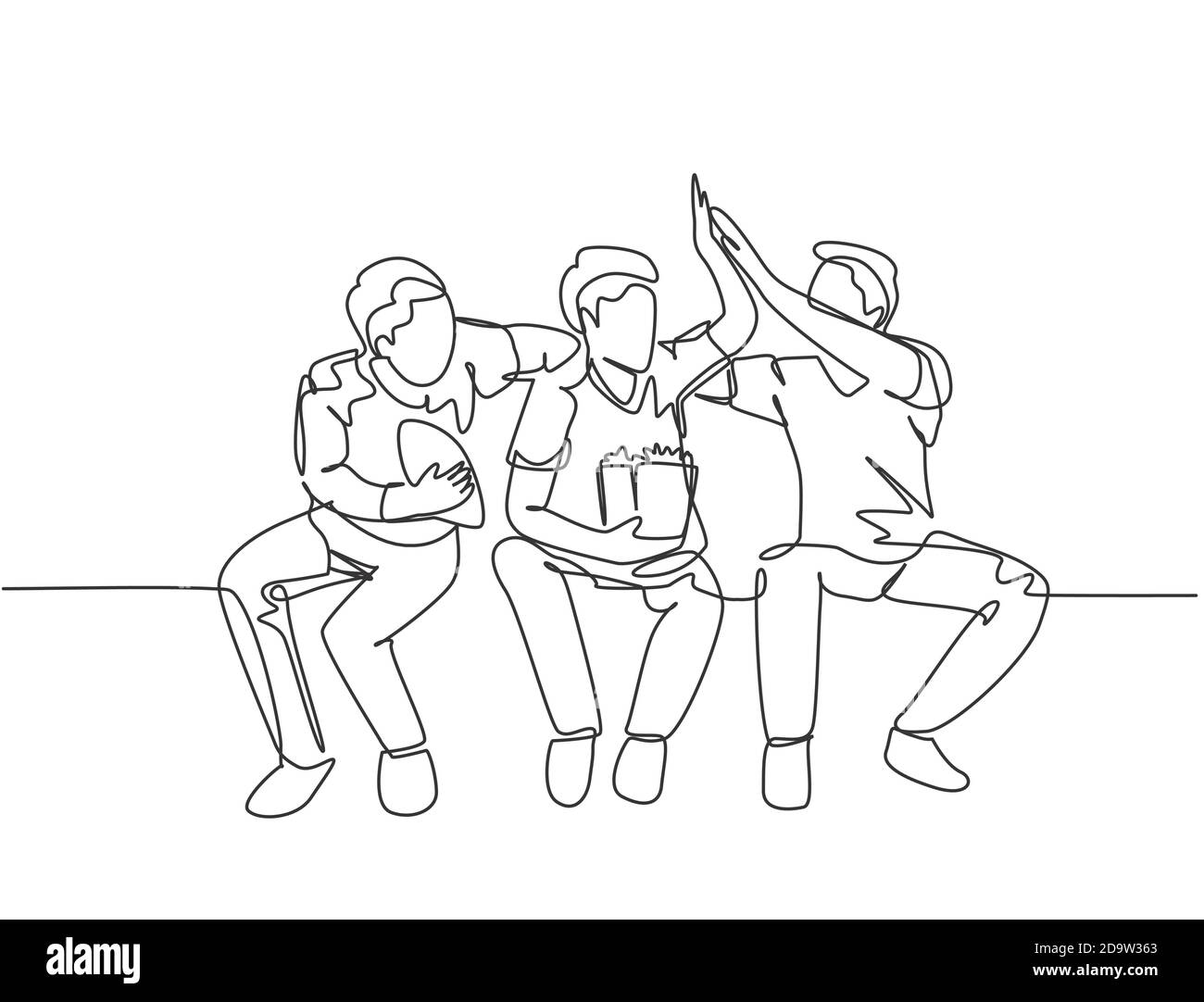 One single line drawing of young happy fans siting on sofa and watching ...