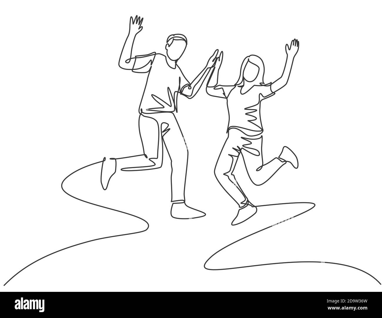 Single line drawing of young happy student couple jumping to celebrate ...