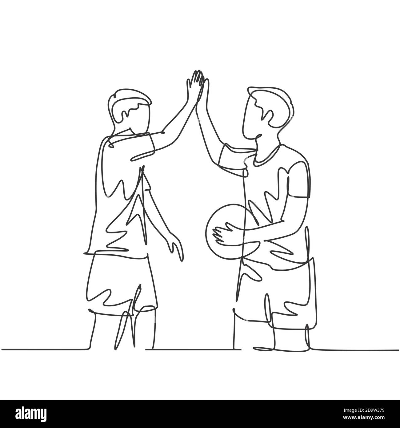 One line drawing of two young happy man playing basket ball on outfield ...