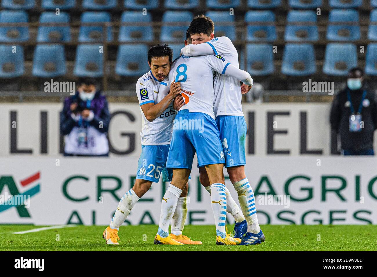 Morgan Sanson of Olympique de Marseille (C) celebrating his goal with ...