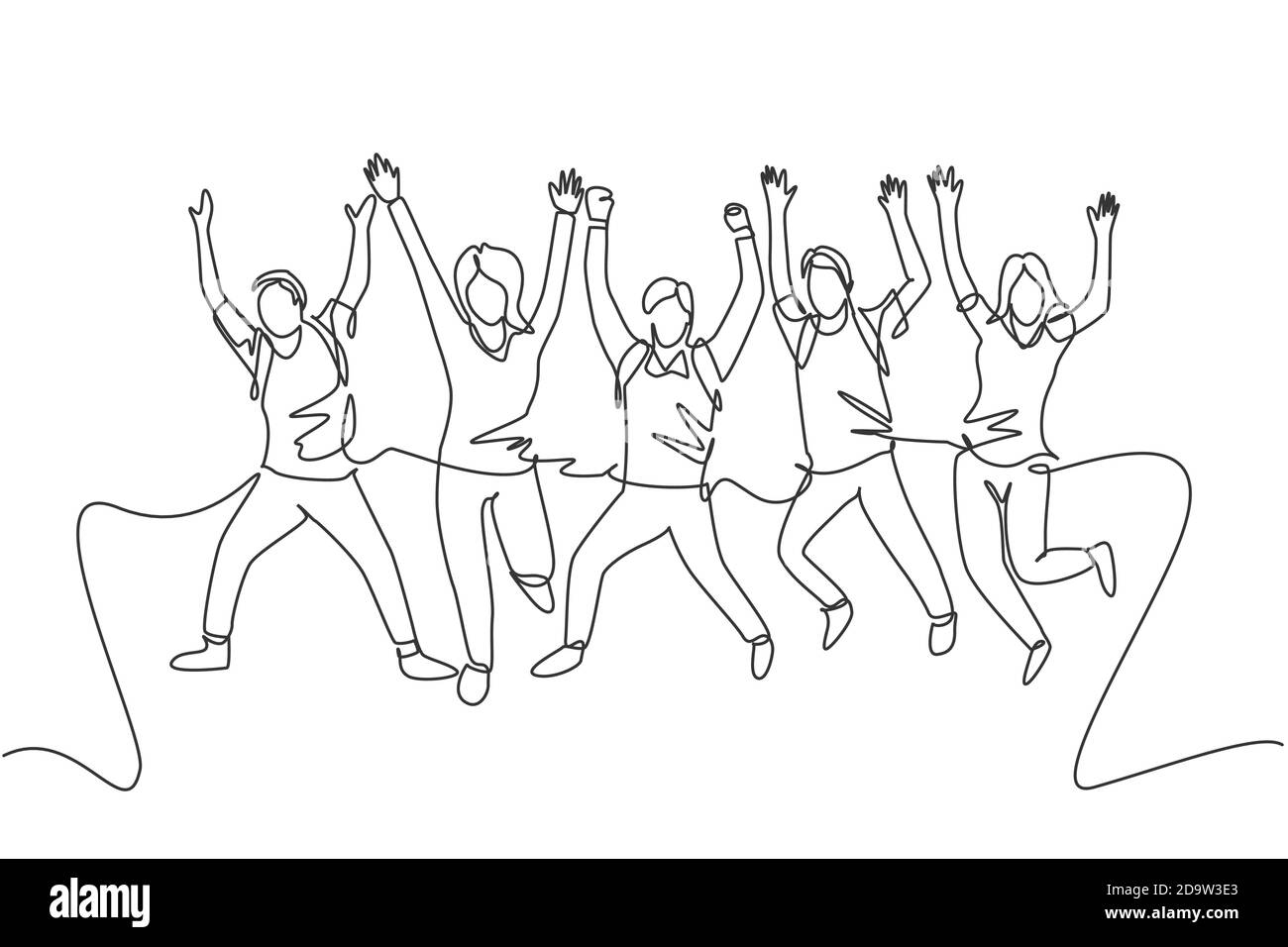 One line drawing group of young happy male and female college student ...