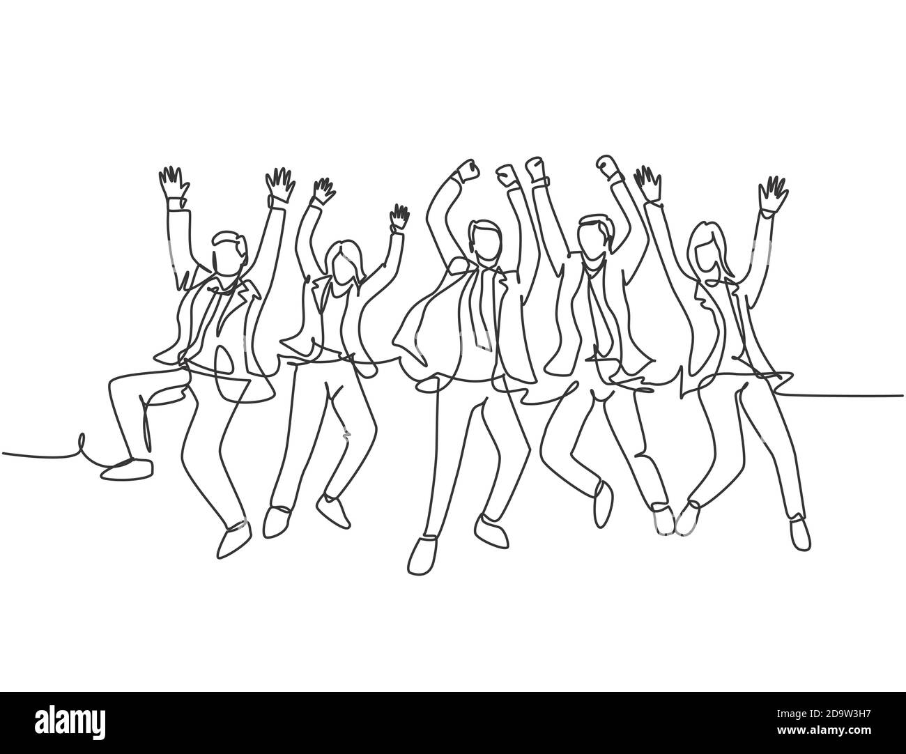One line drawing of young happy business man and business woman jumping ...