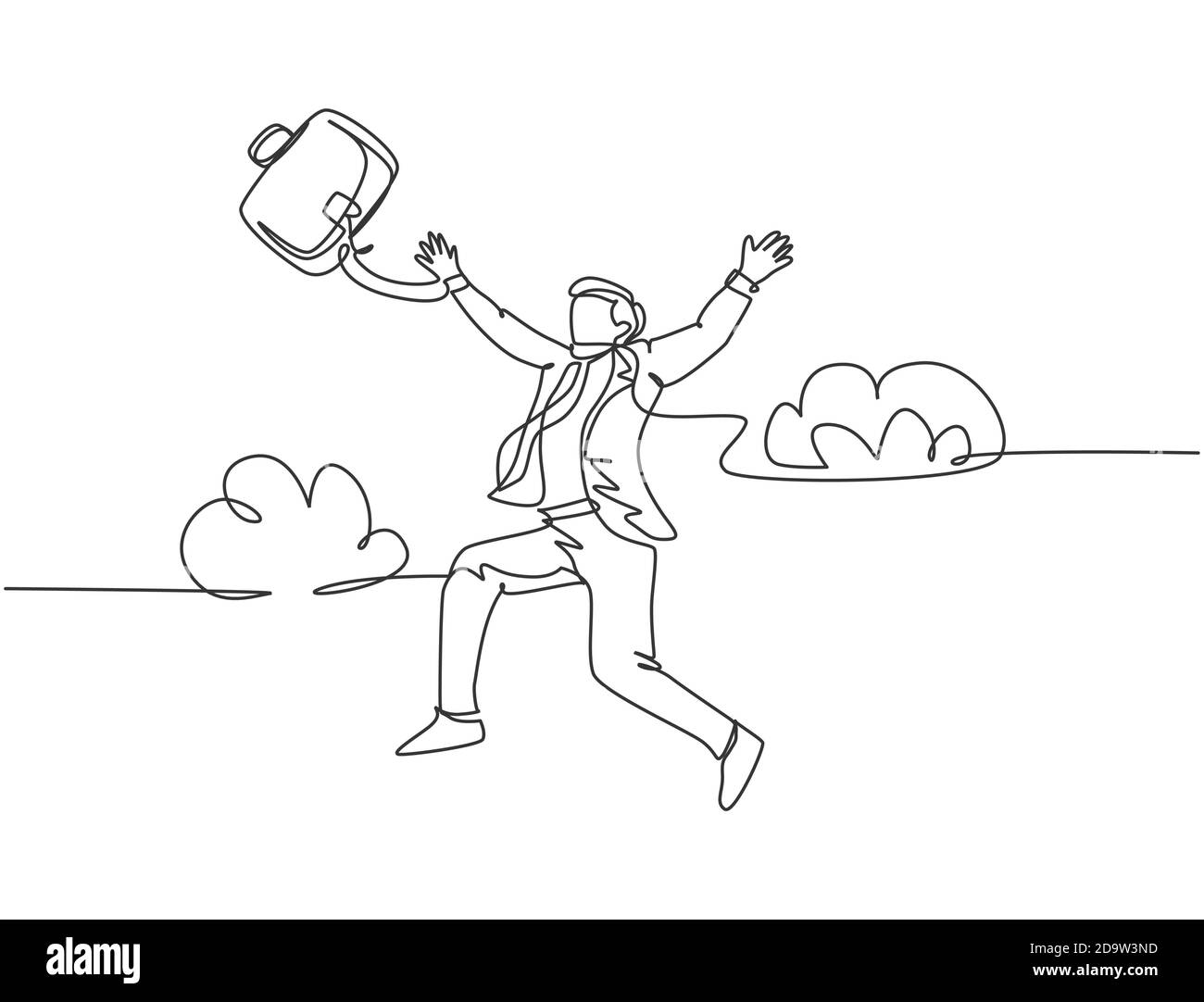 One line drawing of young happy and energetic business man throwing a ...