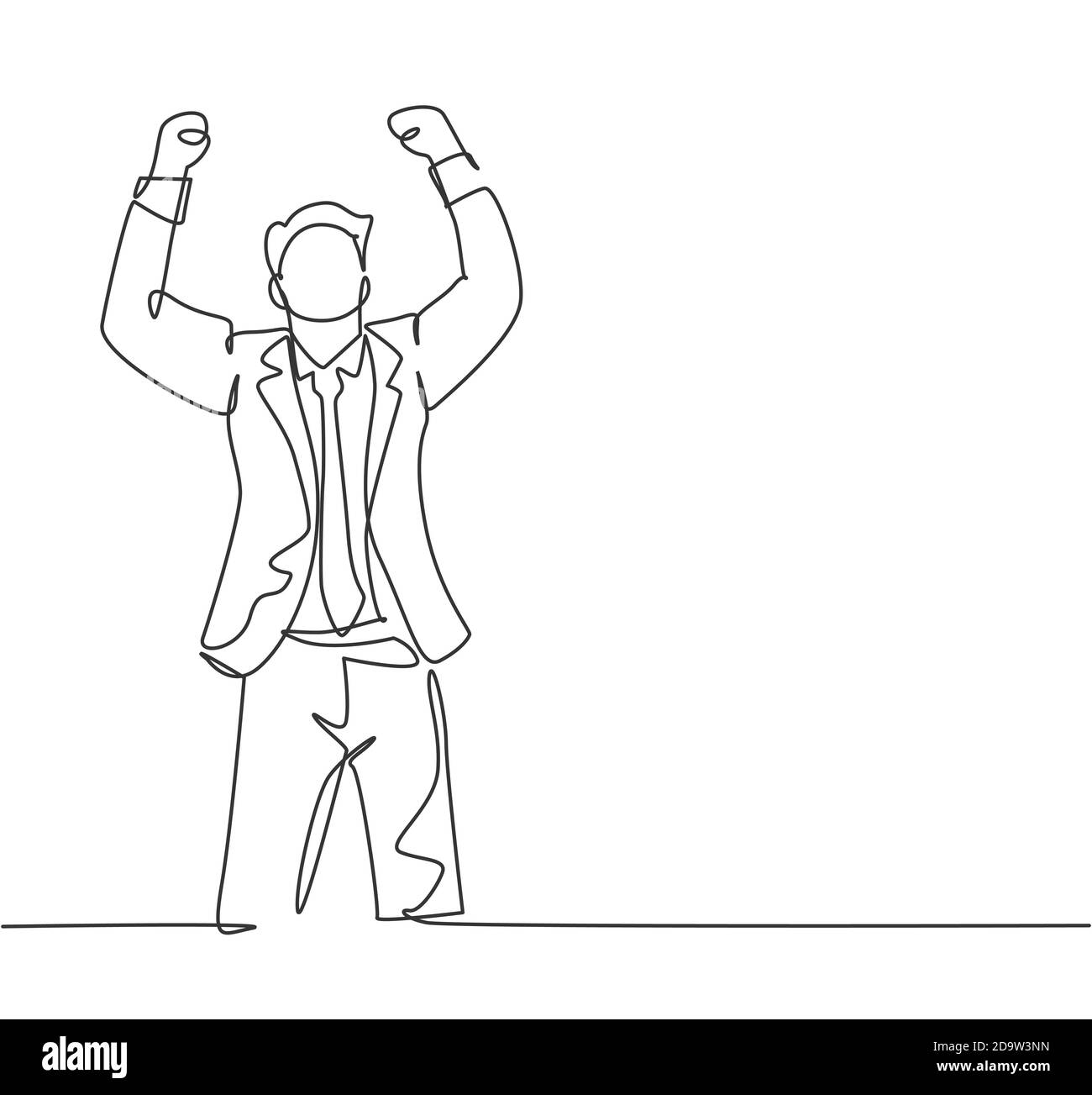 One single line drawing of young happy CEO standing and fist his hands ...