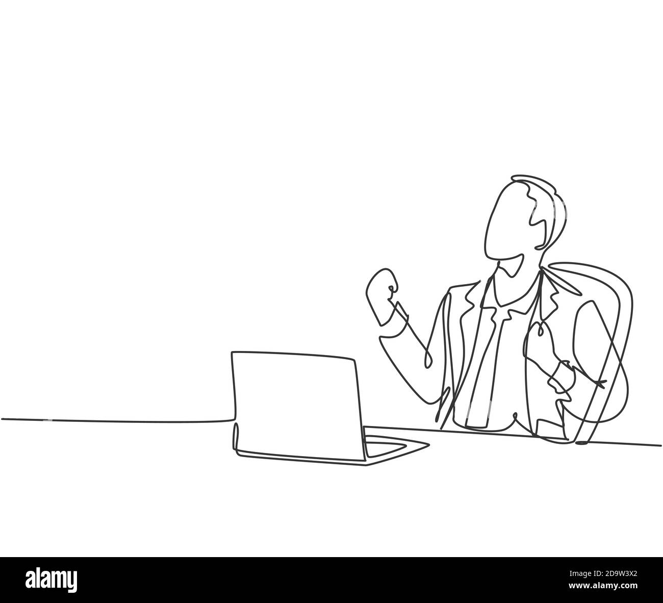 One single line drawing of young happy CEO holding a paper containing ...