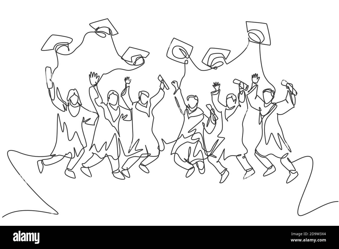 One line drawing group of young happy graduate male and female college ...