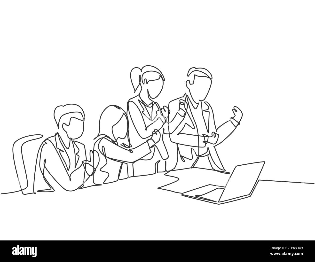 One single line drawing young happy business man and business woman ...