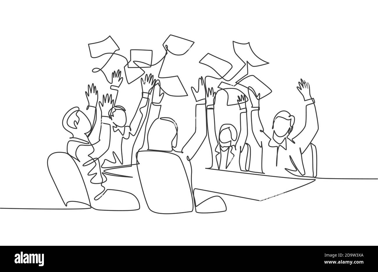 One single line drawing of young male and female stockbroker celebrate ...