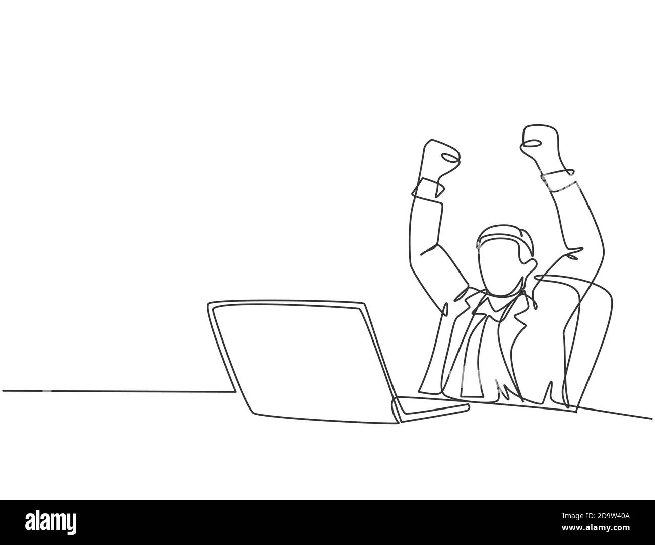 One single line drawing of young happy male manager sitting on chair ...