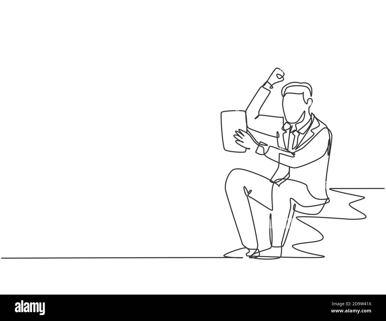 One single line drawing of young happy CEO holding a paper containing ...