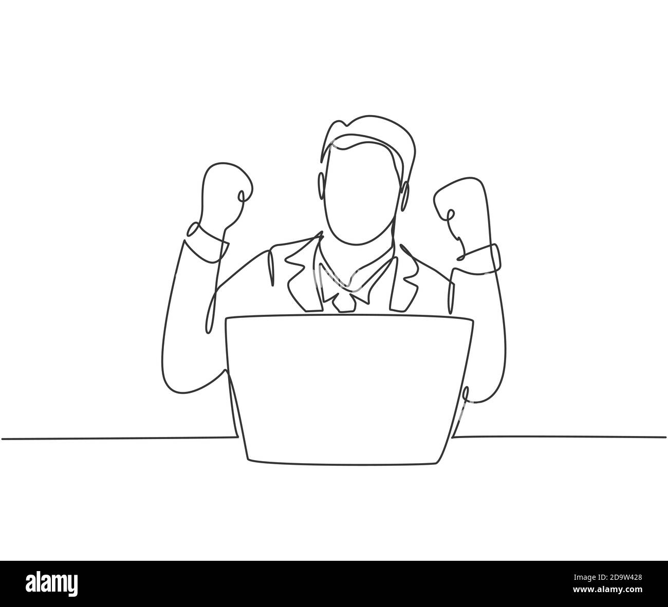 One single line drawing of young happy business man sitting on chair ...