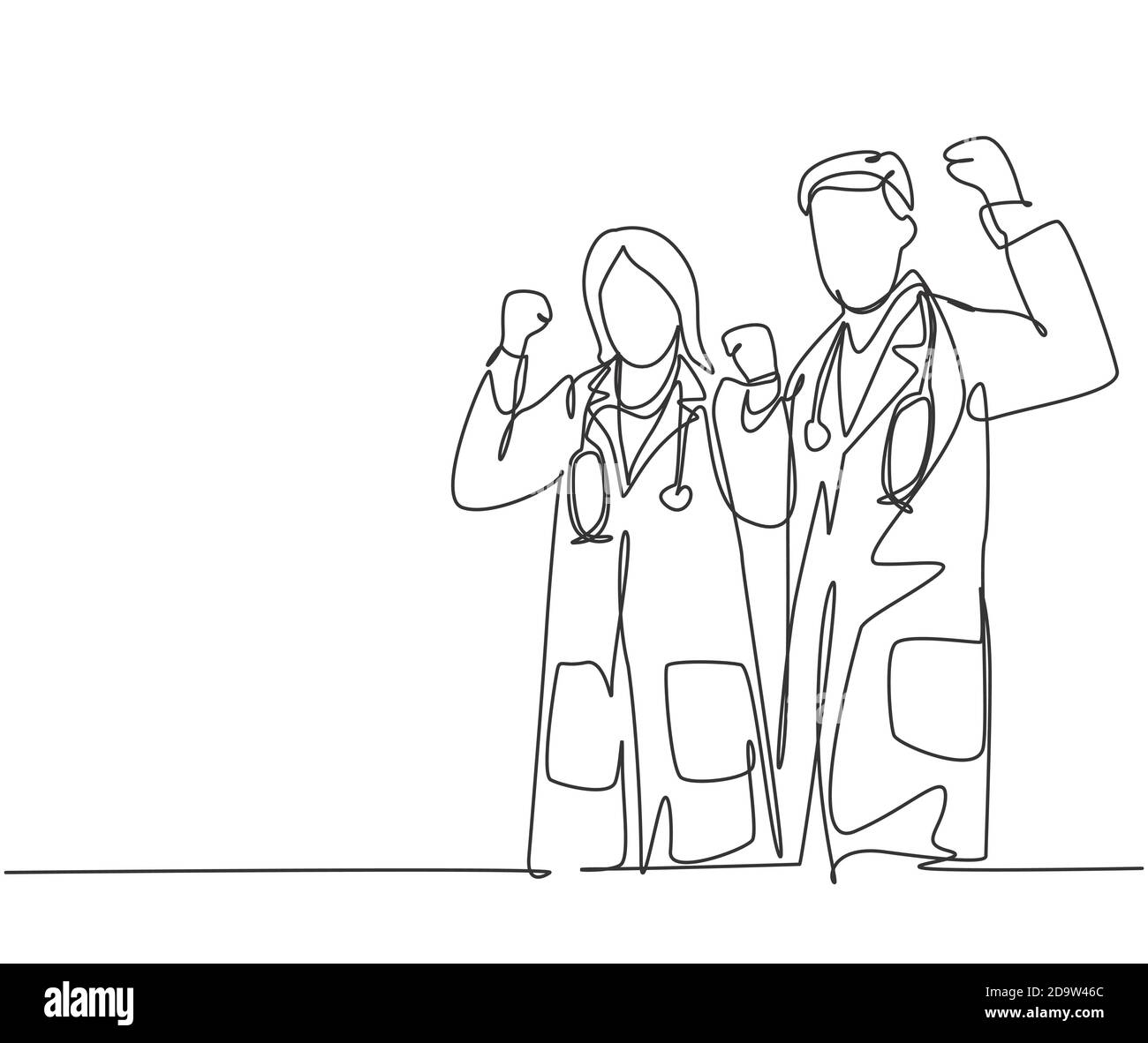 One continuous line drawing of young happy male doctor hugging female ...