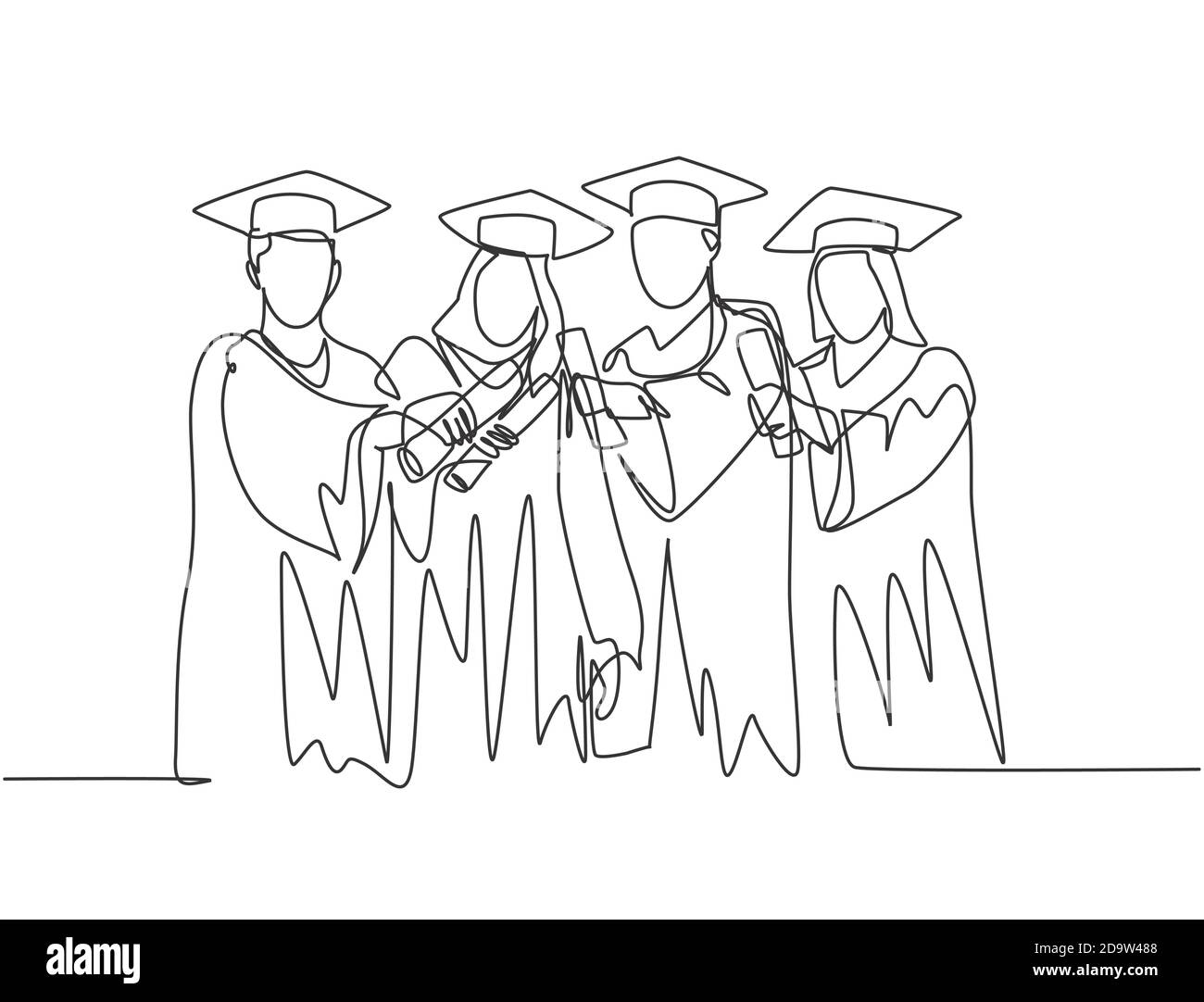 One single line drawing of group of male and female college student ...