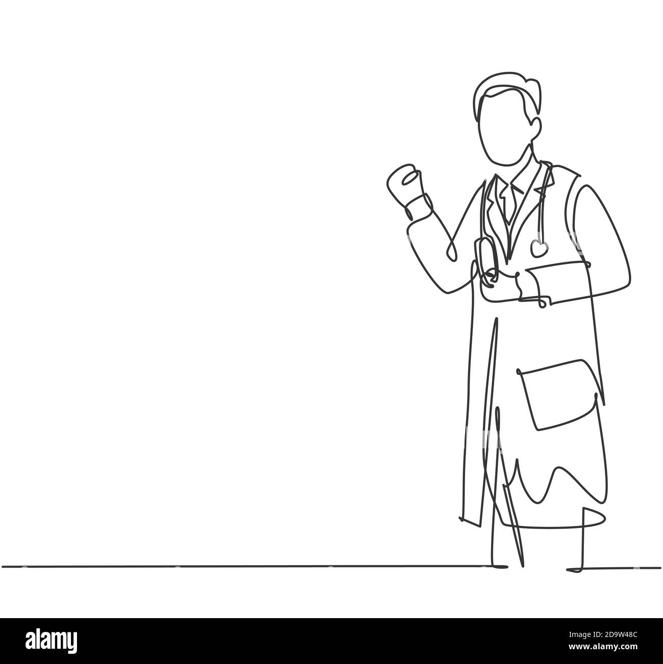 One single line drawing of young happy male doctor fist his hands to ...