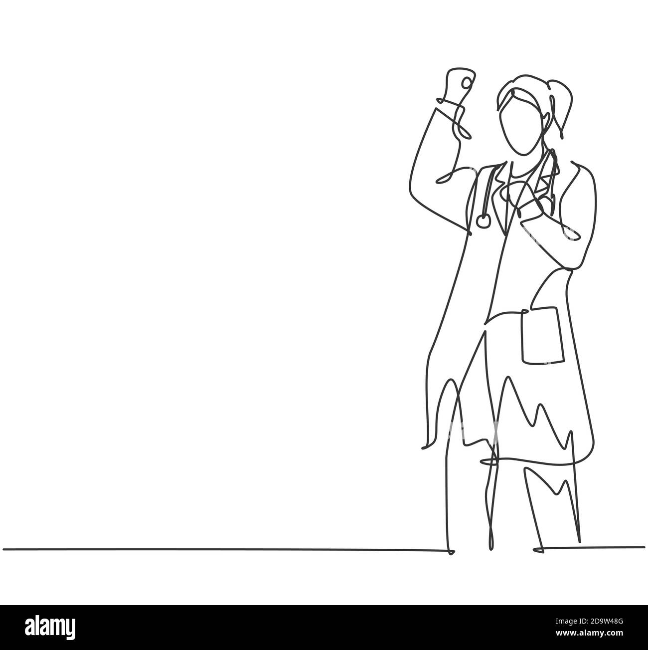 One single line drawing of young happy female doctor fist his hands to ...