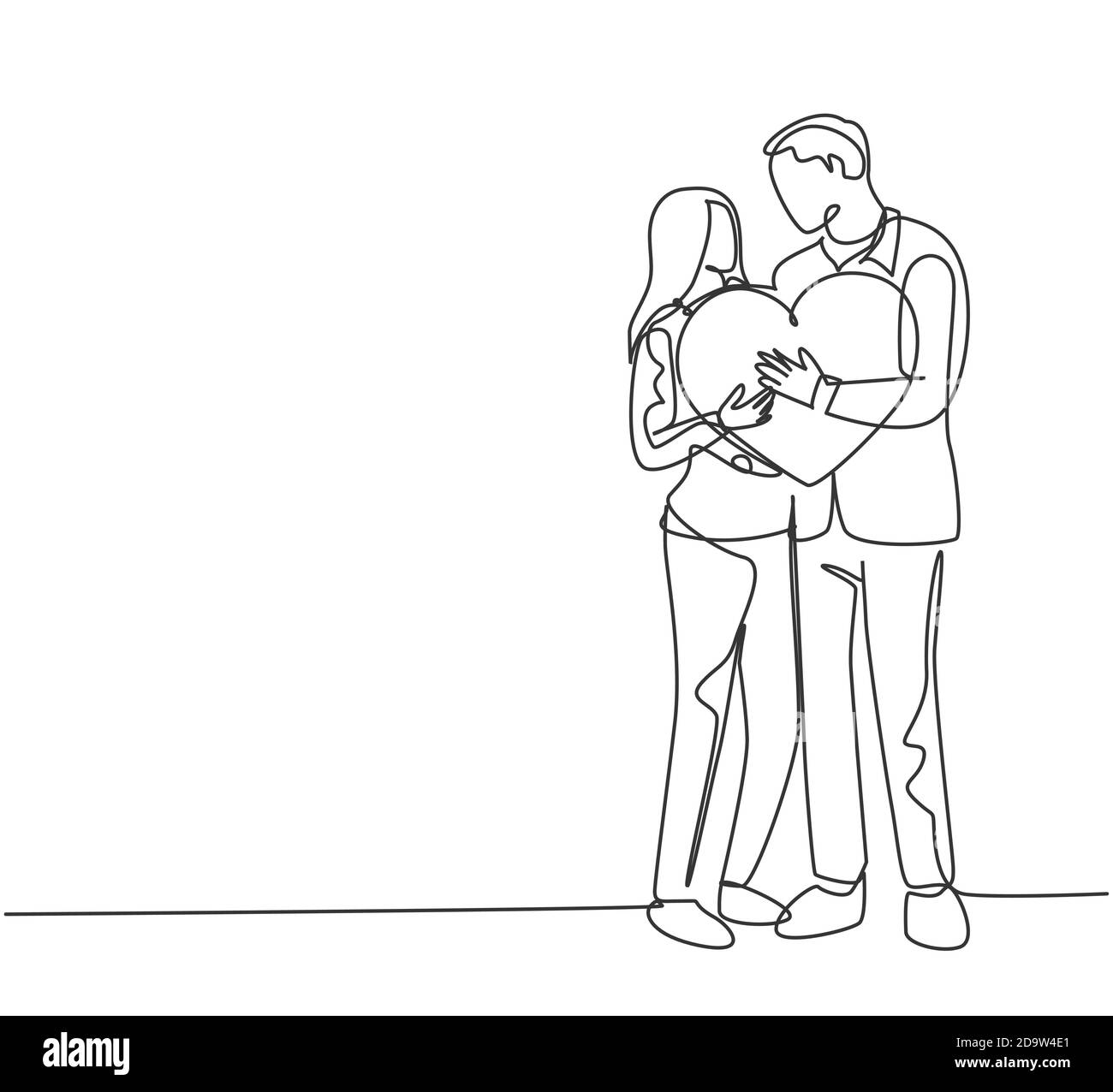 One single line drawing of young happy couple man and woman holding ...