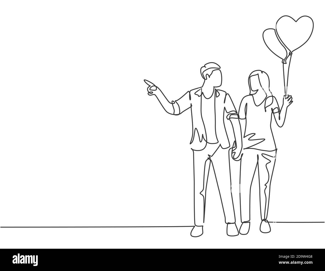 One Single Line Drawing Of Young Happy Man And Woman Couple Take A Walk