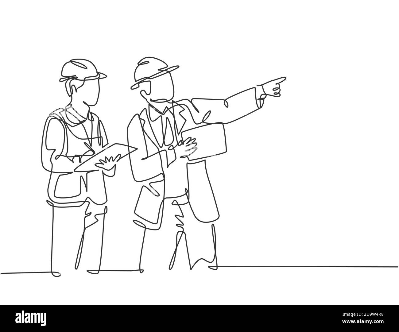 Single continuous line drawing of young architect and house builder ...