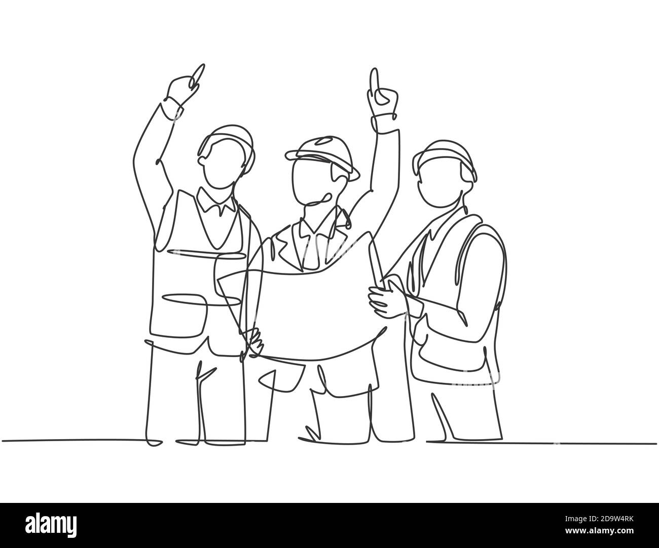 Single continuous line drawing of young architect holding blueprint and ...