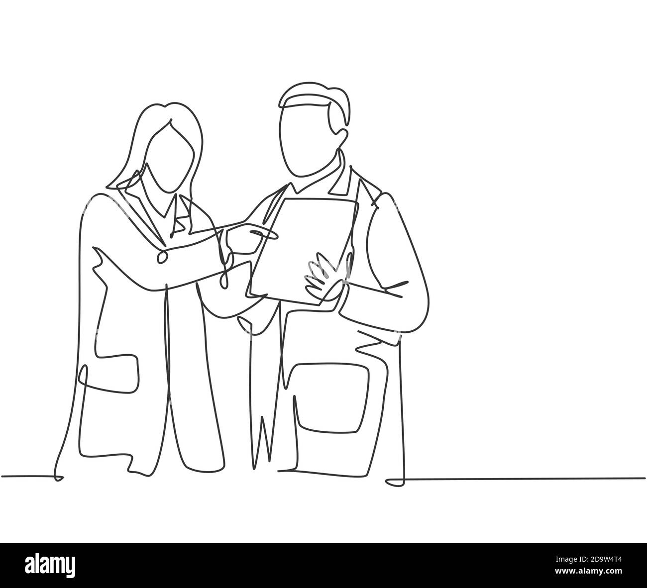 Single continuous line drawing of young male and female doctor ...