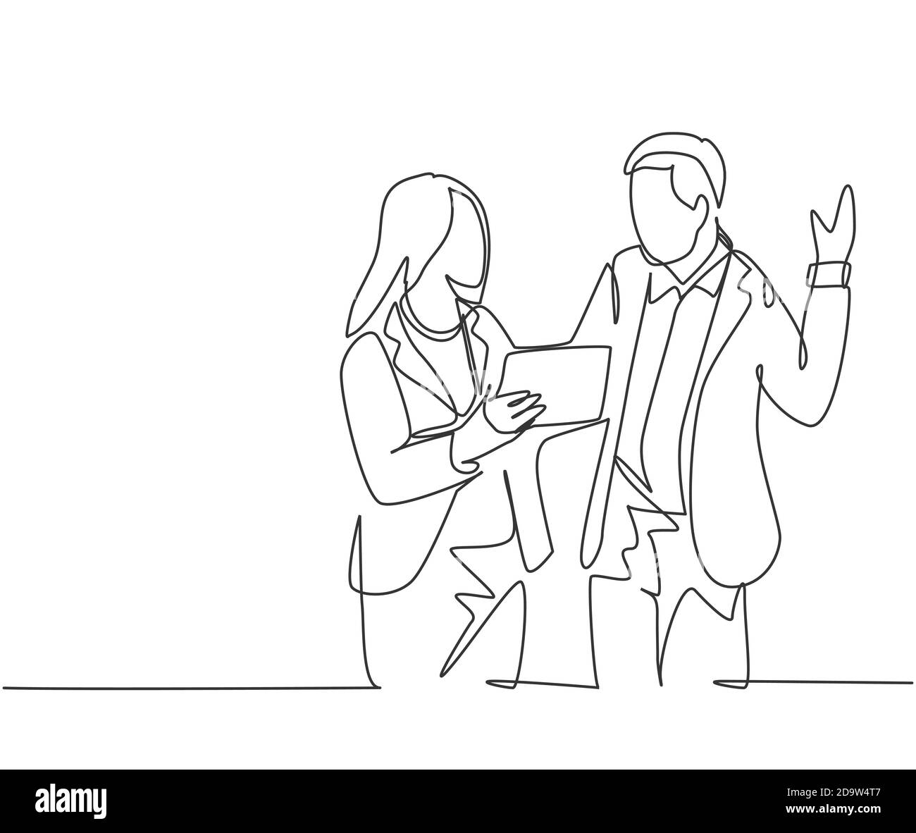 Single continuous line drawing of young male and female managers ...