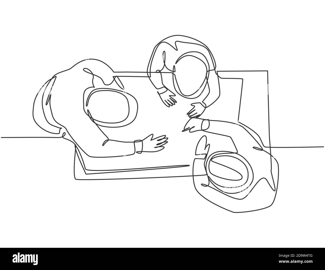 One continuous line drawing of young architect and construction builder ...
