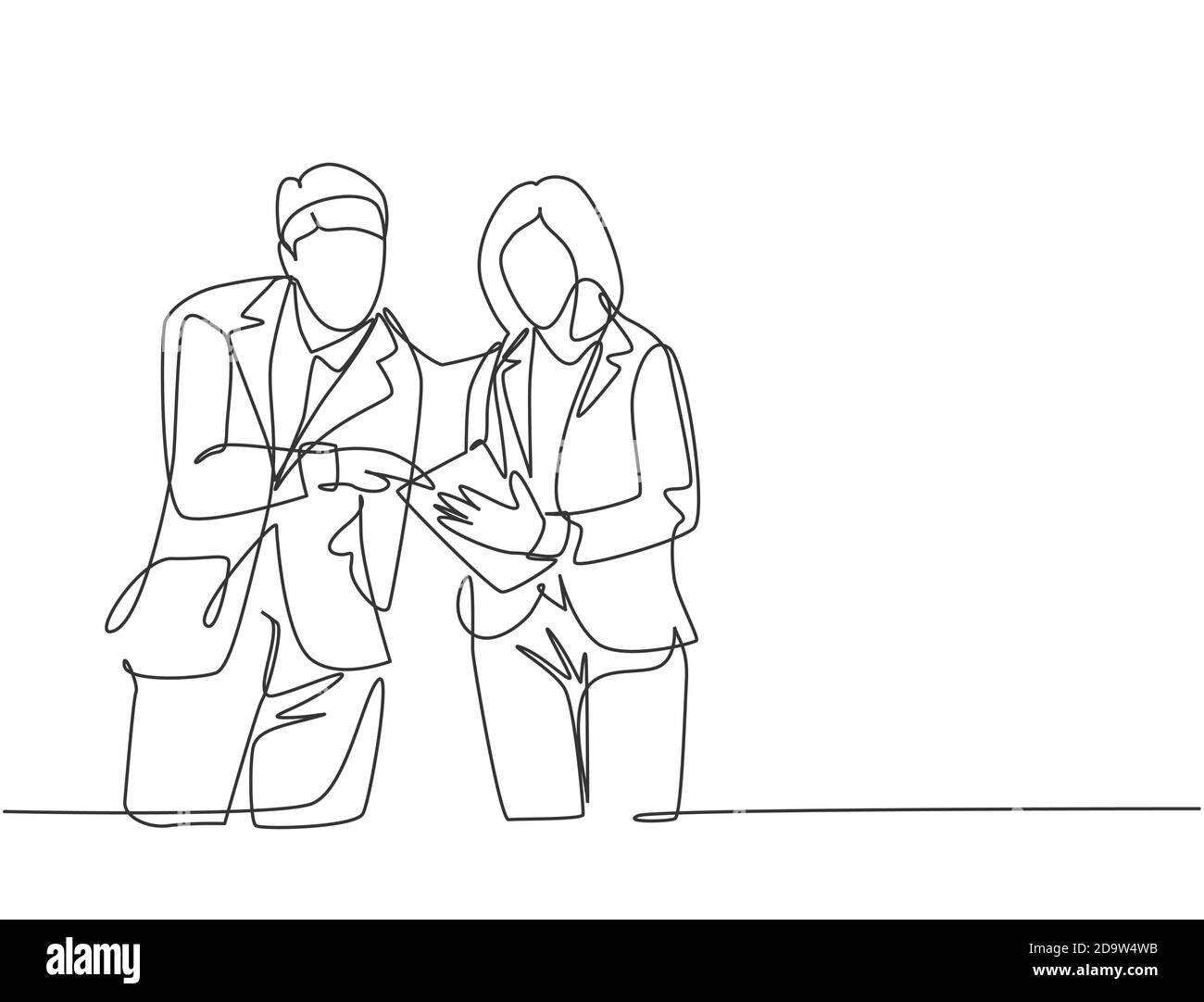 One continuous line drawing of young happy male and female marketing ...