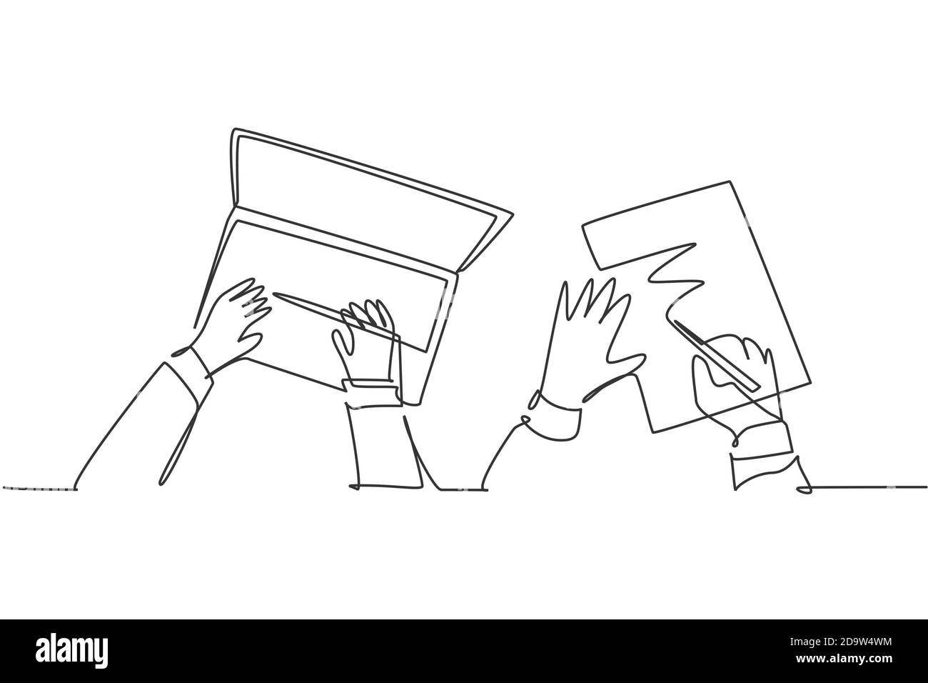 One continuous line drawing of hand typing on laptop keyboard and hand ...