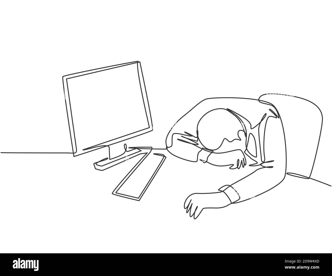 One single line drawing of young tired male employee sleeping on the ...