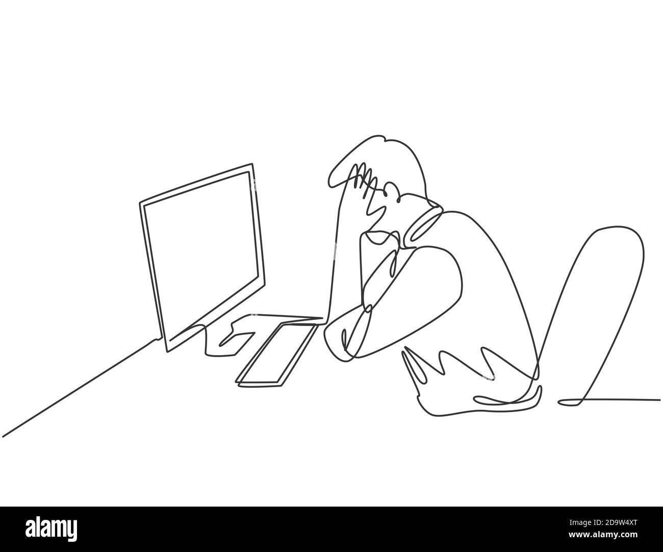 Single continuous line drawing of young tired company worker covering ...