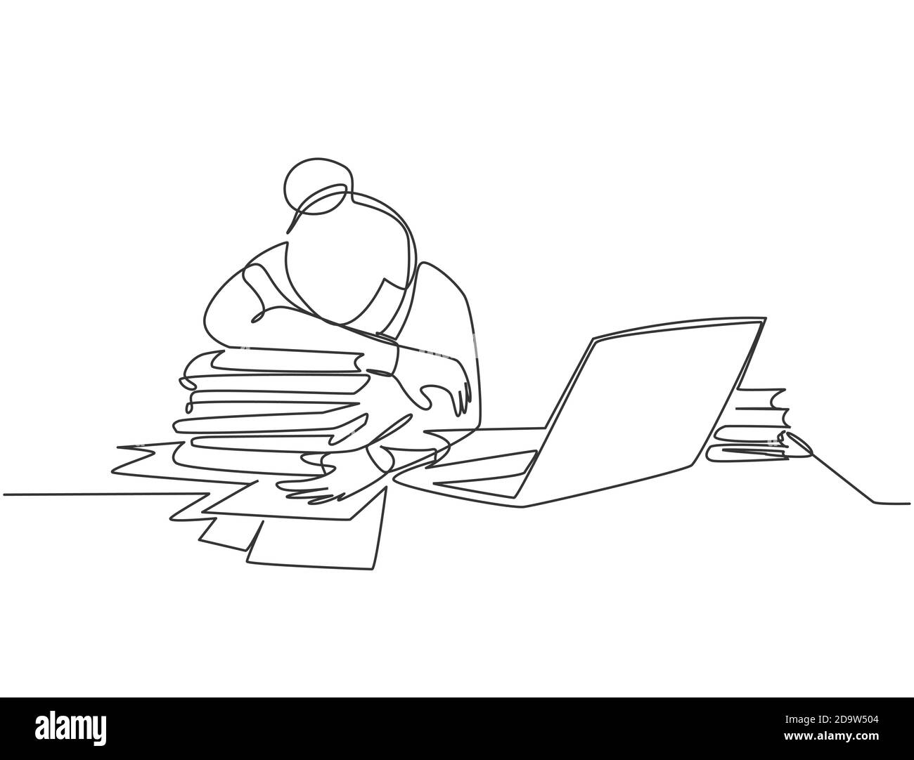 Single continuous line drawing of young tired female employee sleeping ...