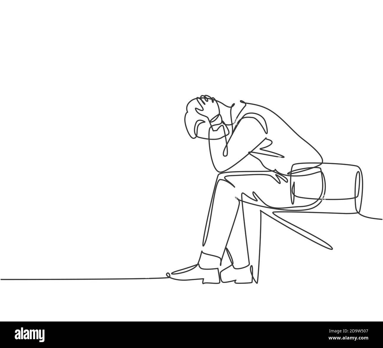 Single continuous line drawing of depression young worker sitting on ...