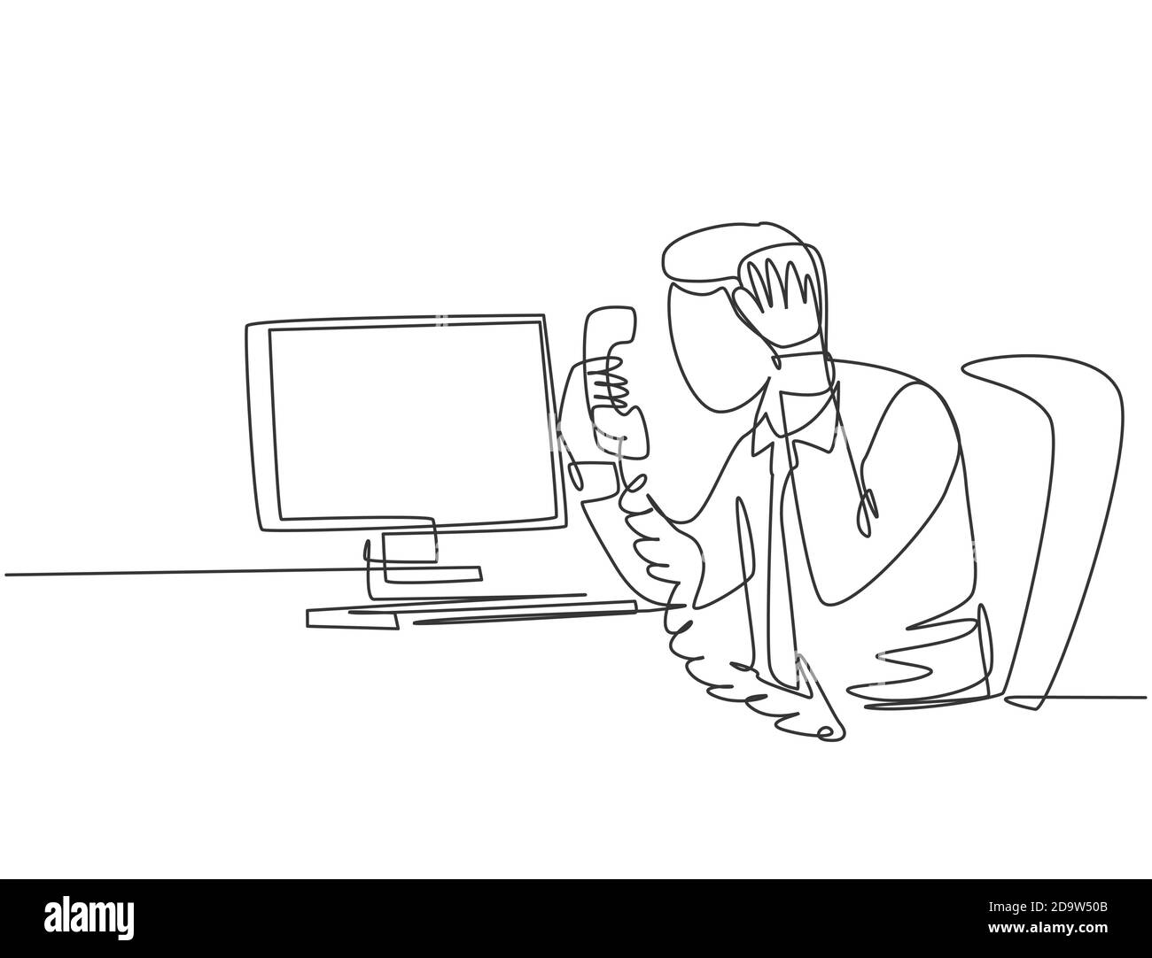Single continuous line drawing of young angry worker mad at phone call ...