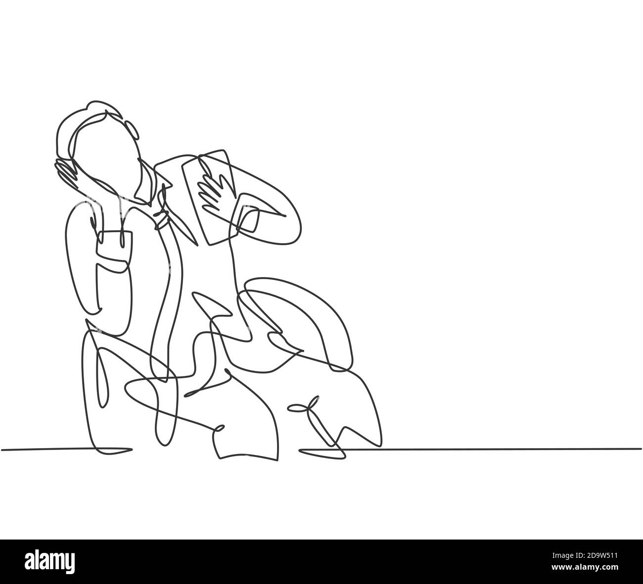 One single line drawing of young broken heart male worker crying on ...