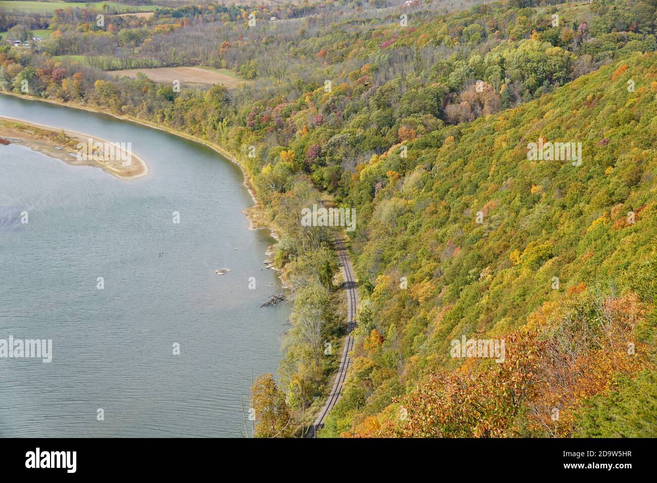 The aerial view of the train track by Susquehanna River surrounded by ...