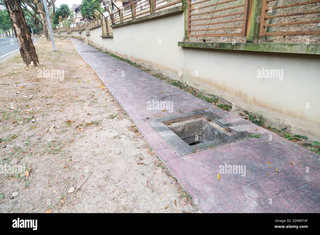 Missing manhole cover in the middle of walkway is dangerous Stock Photo ...